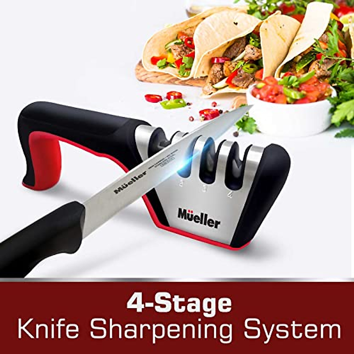 Mueller 4-in-1, 4-Stage Best Knife Sharpener for Hunting, Heavy Duty Diamond Blade Really Works for Ceramic, Steel Knives and Scissors