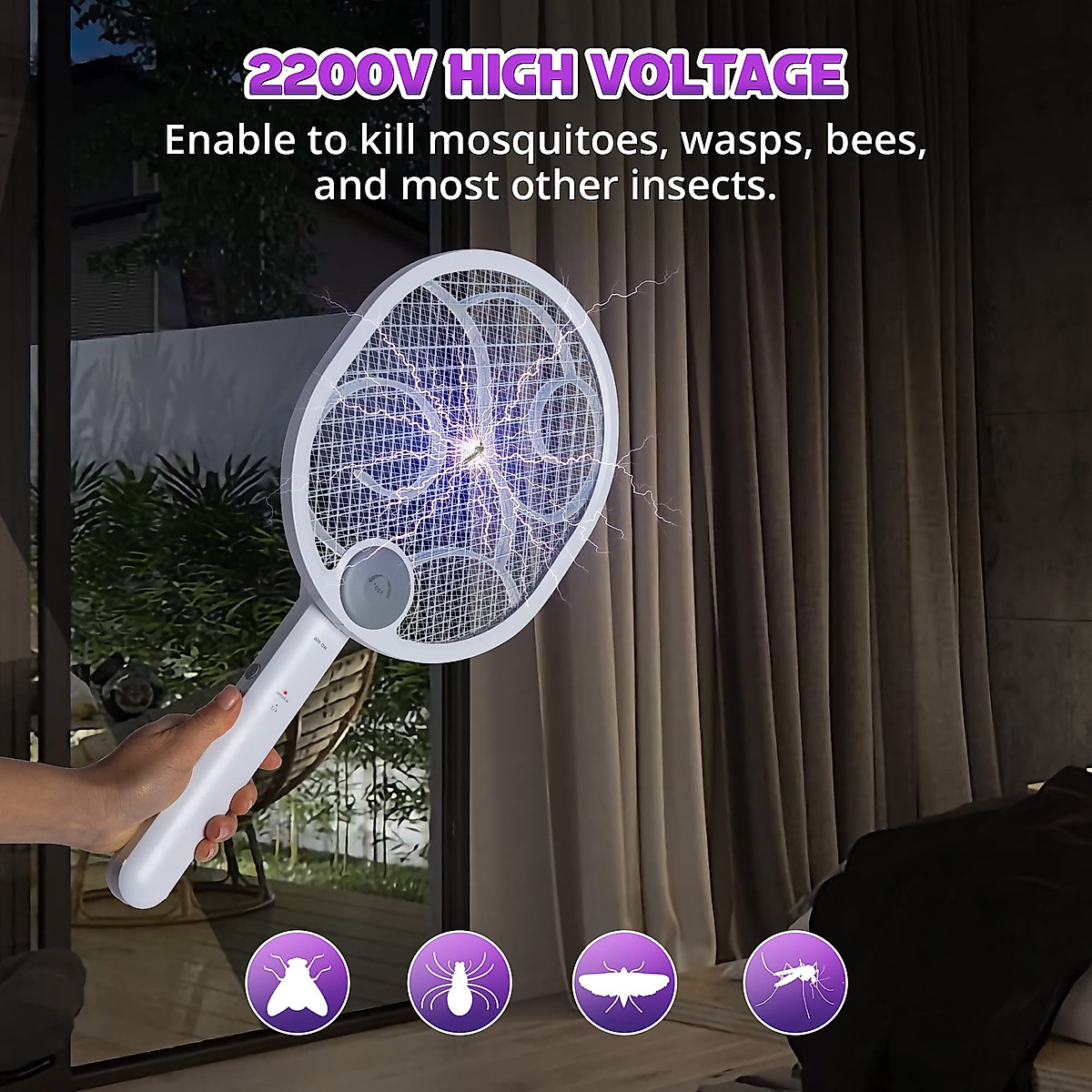 POWIFY 2 in 1 Foldable Electric Fly Swatter, USB Rechargeable Bug Zapper Racket with UV Light, 3 Layers Mesh Mosquito Swatter for Mosquito Fly Gnat Wasp (1 Pack)