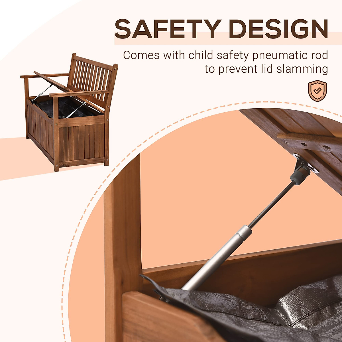 Outsunny 41 Gallon Outdoor Storage Bench, Wooden Deck Box with Inner Waterproof PE Lining, 2-Seat Container for Patio Garden Balcony Yard Store Garden Tools, Teak