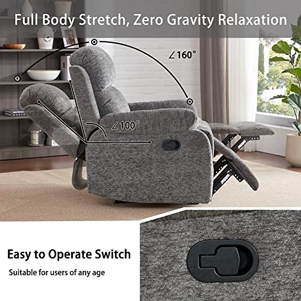 Dreamsir Recliner Chair Breathable Fabric Manual Single Sofa, Living Room Chair Home Theater Lounge Seat, 36×39×40 inch, Limestone Grey