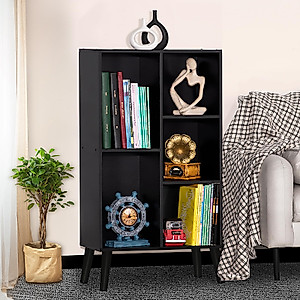 YAHARBO Small Black Narrow Bookshelf,3 Tier Modern Bookcase with Legs,Bookshelves Wood Storage Shelf,Rustic Book Shelves Cube Organizer,Display Bookcase