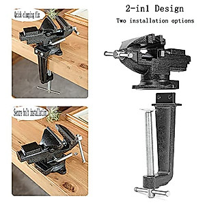 Dual-Purpose Combined Bench Vise or Table Vise, multifunctional jaw, Universal Rotate 360° Work Clamp-On Visewith Quick Adjustment, 3.3" black