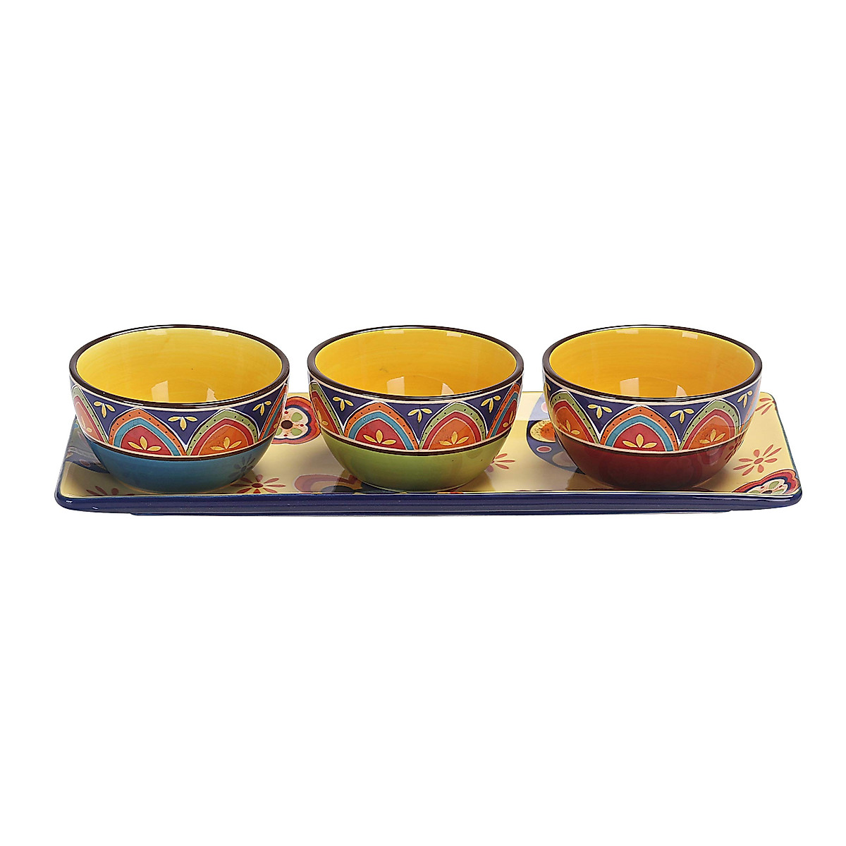 Bico Vintage Tunisian Ceramic Dipping Bowl Set (9oz bowls with 14 inch platter), for Sauce, Nachos, Snacks, Microwave & Dishwasher Safe