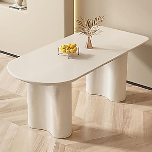 Miuuod 55.1" L Cream White Dining Table Space Saving for Small Apartment for 4-6 People Mid-Century Sturdy End Table Leisure Morden Coffee Table Office Living Room Table Solid Wood Desk Heavy Duty