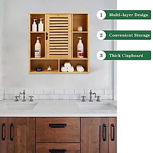 HOMBOUR Bathroom Wall Mounted Cabinet, Over The Toilet Space Saver Storage Cabinet, 3-Tier Bamboo Medicine Cabinet with Door and Shelves for Bathroom, Kitchen, Living Room