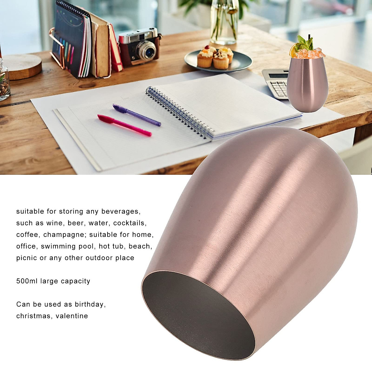 Stainless Steel Wine Glasses, 17oz 500ml Unbreakable Glasses Simple Modern Wine Tumbler Liquor Glasses Wine Mug Metal Wine Glasses Stainless Steel Cups for Home and Outdoor Wine Glasses, Rose Gold