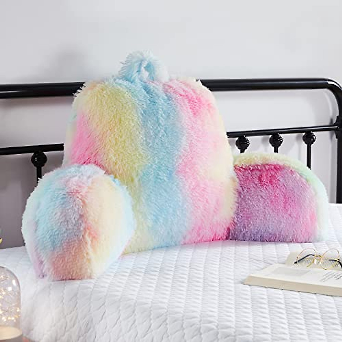 Jillche Bed Fluffy Fur Reading Pillow for Adults & Kids Unisize, Stylish College Essentials for Girls, Fuzzy Back Pillow for Sitting in Bed, Adorable Gift for Teens, Bed Rest Sit Up Arm Support Pillow