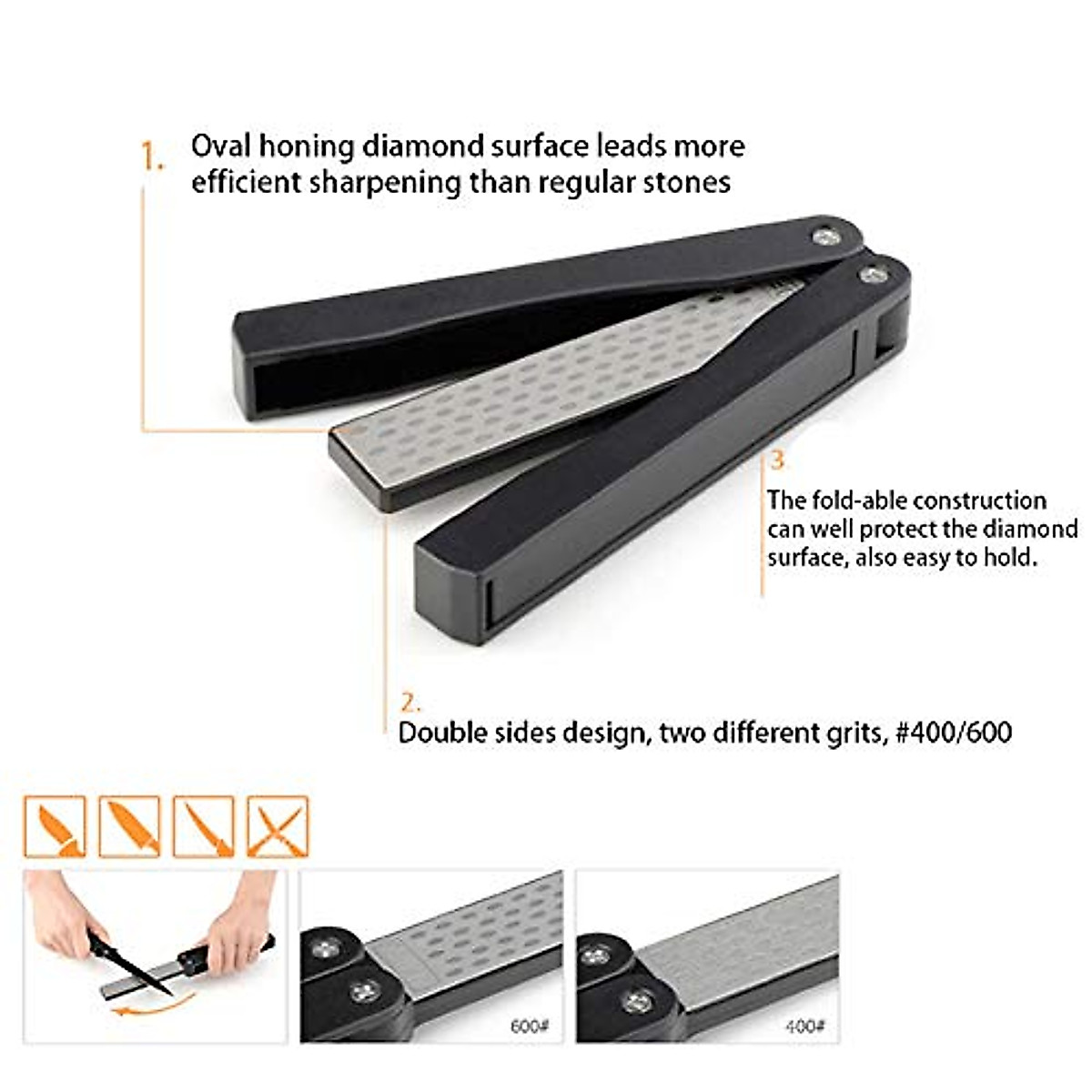OSFTBVT Diamond Knife sharpener Pocket Sharpening Stone #400/600 Double Sides Folding Portable Orange - 1pcs