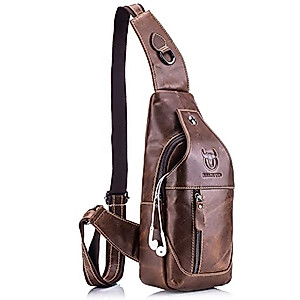 BULLCAPTAIN Men Leather Sling Chest Bag Outdoor Travel Shoulder Crossbody Bags Hiking Small Backpack (Brown)