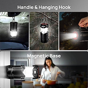 2 Pack Collapsible LED Camping Lantern, Consciot USB C Rechargeable and Battery Powered 2-in-1 Emergency Light with Flashlight and Magnetic Base, Power Outages Hurricane Supplies Survival Kits,Black