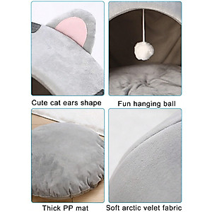 QWINEE Indoor Cat Bed Cave with Removable Cushion - Pet Plush Tent House Cartoon Ear Design Pet Bed with Pompom for Cats Kitten Dogs Puppy and Rabbit Grey S