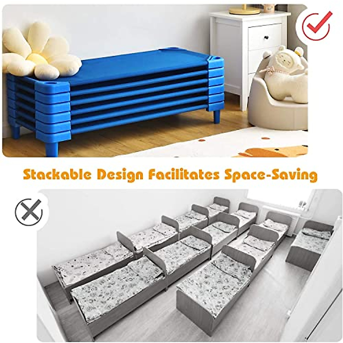 Fireflowery Toddler Daycare Cots, Stackable Kids Cots for Sleeping, Resting, Naptime Cot w/Easy Lift Corners, Great for Nursery, Preschool, Home, Pack of 6, Dark Blue