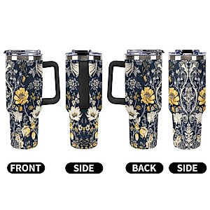 YTLKGFP 40 Oz Large Capacity Car Cup With Floral Pattern Tumbler with Handle (Black) Straw Lid Insulated Stainless Steel Water Bottle Travel Mug Leak-proof Car Cup Keeps Cold Or Hot