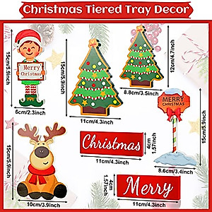 7 Pcs Christmas Tiered Tray Decor, Farmhouse Rustic Christmas Indoor Decorations Wooden Tiered Tray Xmas Tree Reindeer Elf Guidepost Merry Christmas Signs Set for Table Mantle Holiday Decor