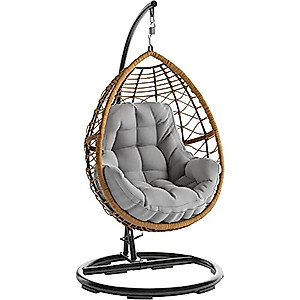 MOD Steel Furniture Willa Hanging Egg Chair with Stylish Rattan Wicker and Boho Plush Cushion-WILLAEGG-Gry, Grey/Tan