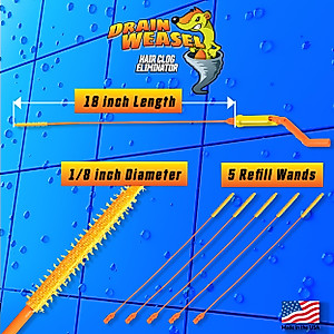 FlexiSnake Drain Weasel Sink Snake Cleaner - 18 inch - Drain Hair Clog Remover Tool with Rotating Handle & 5 Wand Refills - Thin, Flexible, Easy to Use on Most Drains & Grates - Made in USA - (5-Pack)