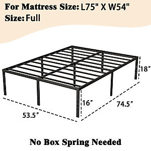 Jebosam 18 inch High Bed Frame Full Size Heavy Duty Platform Steel Support 2500 lbs Full Size Bed Frame No Box Spring Needed Non-Slip Noise Free Easy to Assembly Black Metal Bed Frame Full