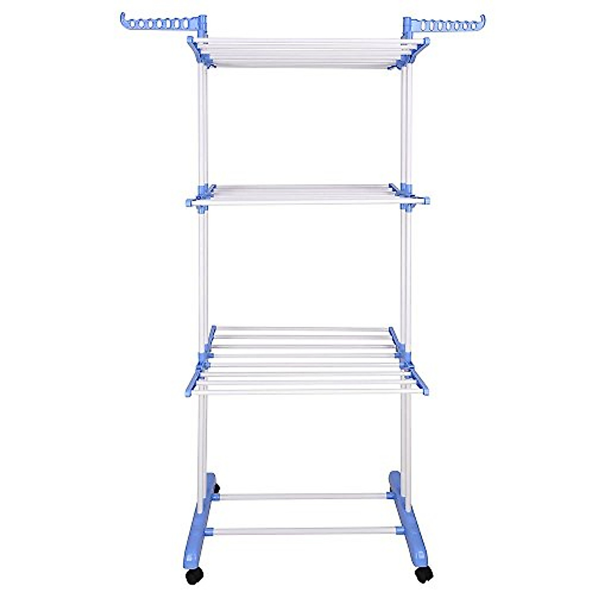 Aquaterior Folding 3 Tier Clothes Drying Rack Rolling Collapsible Garment Laundry Dryer Hanger Stand Rail with Two Side Wings Indoor Blue