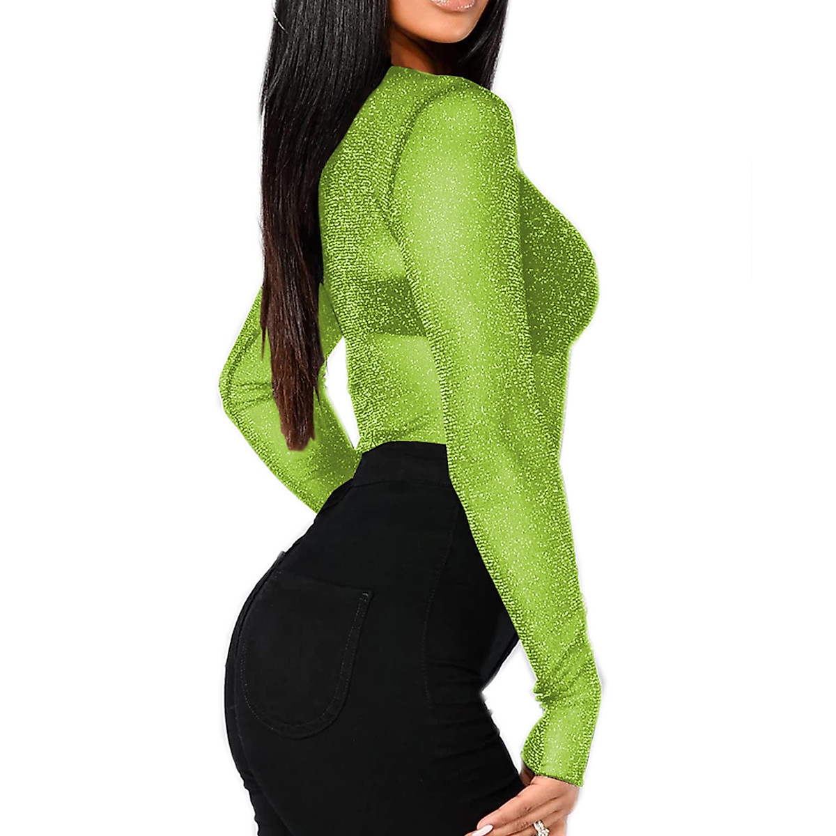 BelleLovin Women's Sheer Mesh Tops Long Sleeve Glitter Sexy Tops See Through Blouses (Neon Green, Small)