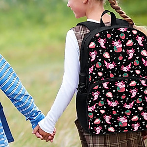 Parprinty Cartoon Strawberry Axolotl Backpack for Girls Durable Sturdy Lightweight 17" Cute School Backpack Teen Girls Kids Black Bookbag Double Zipper Aesthetic Casual Daypack with Front Pocket