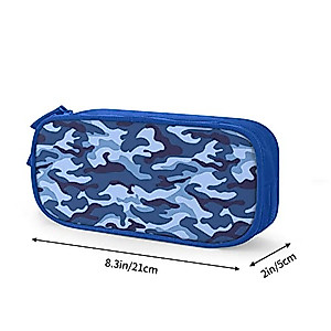 Camo Pencil Case Box, Large Capacity Blue Pencil Bag Pouch Marker Organizer with 2 Compartments & Durable Zipper, Cool Stationary for Primary Middle High School College Office