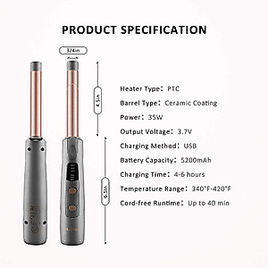 Aokitec 3/4 inch Cordless Travel Curling Iron Ceramic Coating Hair Curler with 5200mAh Battery, Instant Heating up to 420°F Wireless Battery Operated Curling Wand USB Charging Portable Hair Iron