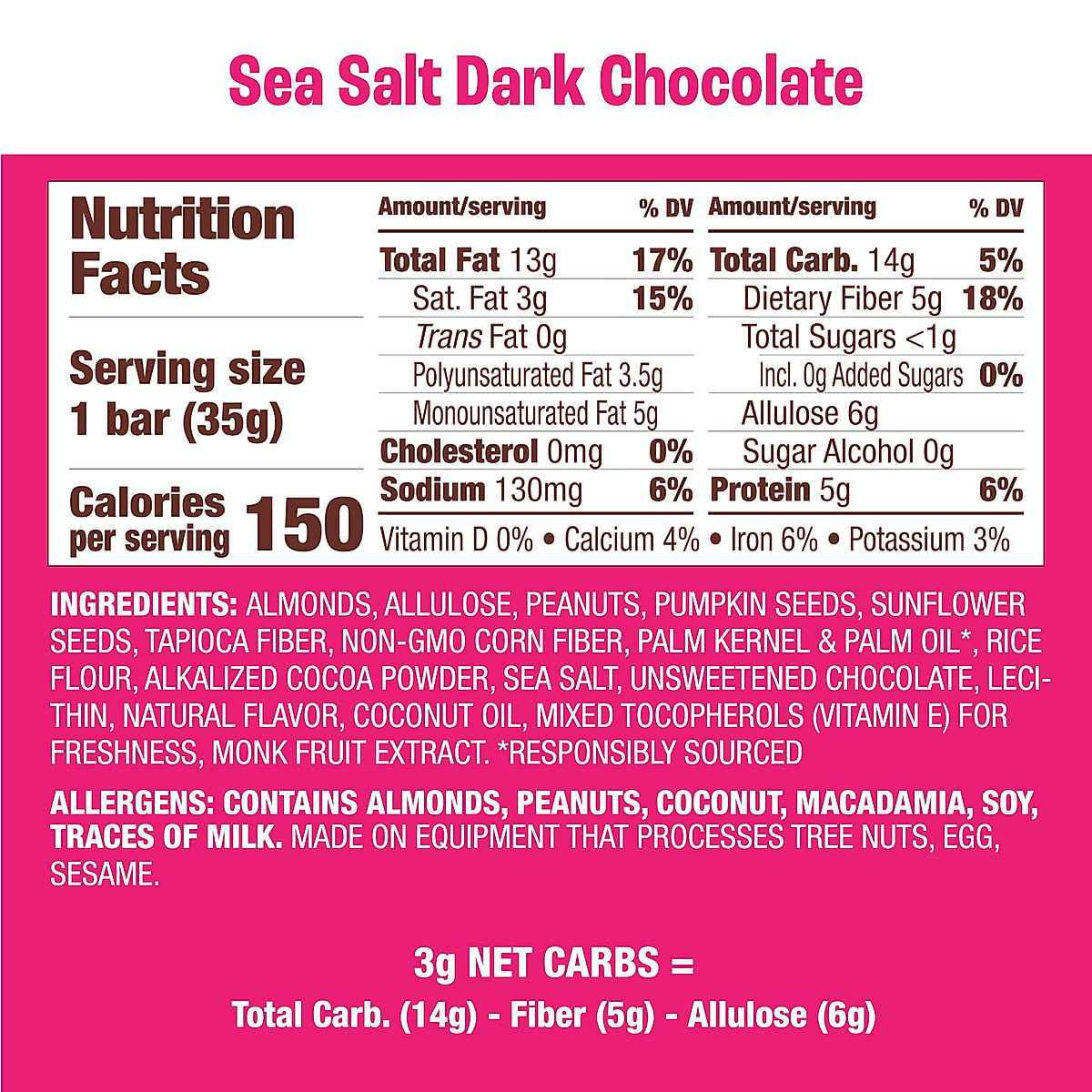 Munk Pack Nut & Seed Bar Sea Salt Dark Coco - 1g Sugar, Low Carb & Keto, 5g Protein - Gluten Free, Plant Based, Zero Added Sugar - Sweet & Salty Breakfast & Snack Bars, 12 Bars
