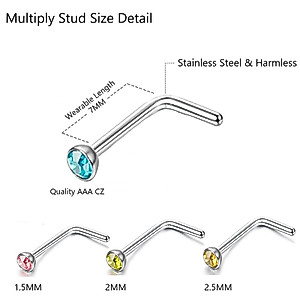 OMAIGAR Nose Rings Studs, L Shaped Surgical Stainless Steel Nose Studs Color Diamond Rhinestone Crystal, Hypoallergenic Nose Piercing Jewelry for Women Men and Ideal Gift