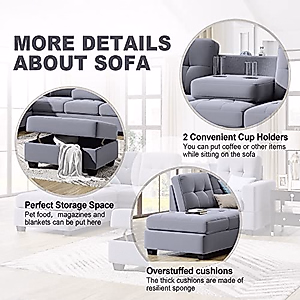 UBGO Sectional, Living Room Furniture Sets,L-Shaped Storage Ottoman&Cup Holders,Upholstered Couch for Large Space Apartments,3-Seate Sofa with Extra Wide Reversible Chaise,Gray