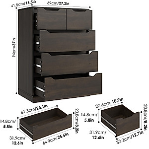 HOSTACK Modern 5 Drawer Dresser for Bedroom, Chest of Drawers with Storage, Wood Storage Chest Organizers with Cut-Out Handles, Accent Storage Cabinet for Living Room, Entryway, Hallway, Dark Brown