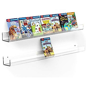 MaxGear Acrylic Floating Bookshelves, 36 Inch (2 Pack) Invisible Acrylic Floating Wall Ledge Shelf Wall Mounted Nursery Kids Bookshelf, Clear Storage Shelves Display Organizer for Bedroom, Kids Room