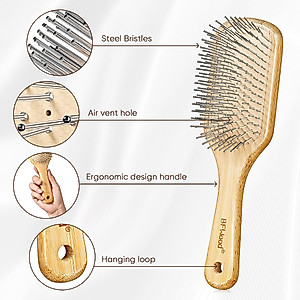 BFWood Bamboo Hair Brush with Steel Bristles, Help Hair Growth and Massaging Scalp