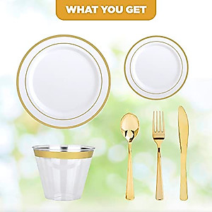 600 Piece Wedding Party Plates Disposable Dinnerware Set 100 Guests -By Zulzzy -100 Gold Plastic Plates, 100 Gold Salad Plates, 100 Gold Plastic Silverware Set, 100 Gold Plastic Cups