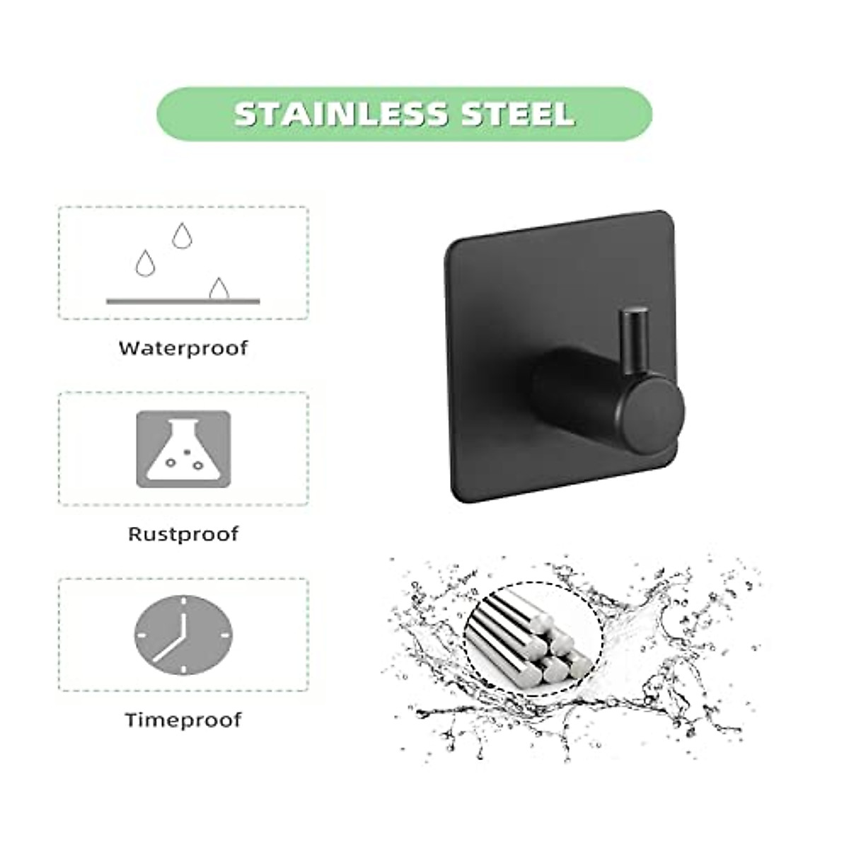 Adhesive Hooks - 5 Pack Heavy Duty Wall Hooks Waterproof Stainless Steel Hooks for Hat Towel Robe Hooks Rack Wall Mount - Bathroom Kitchen Home Hotel Office Cabinet and Bedroom Matte BLACK01