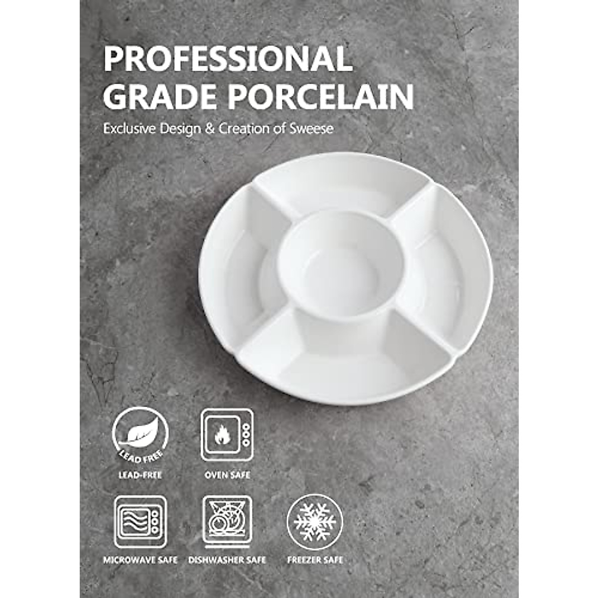 Sweese 712.101 Chip & Dip Serving Set, Porcelain Divided Serving Platter, Relish Tray, Perfect for Chips and Dip, Veggies, Candy and Snacks, White