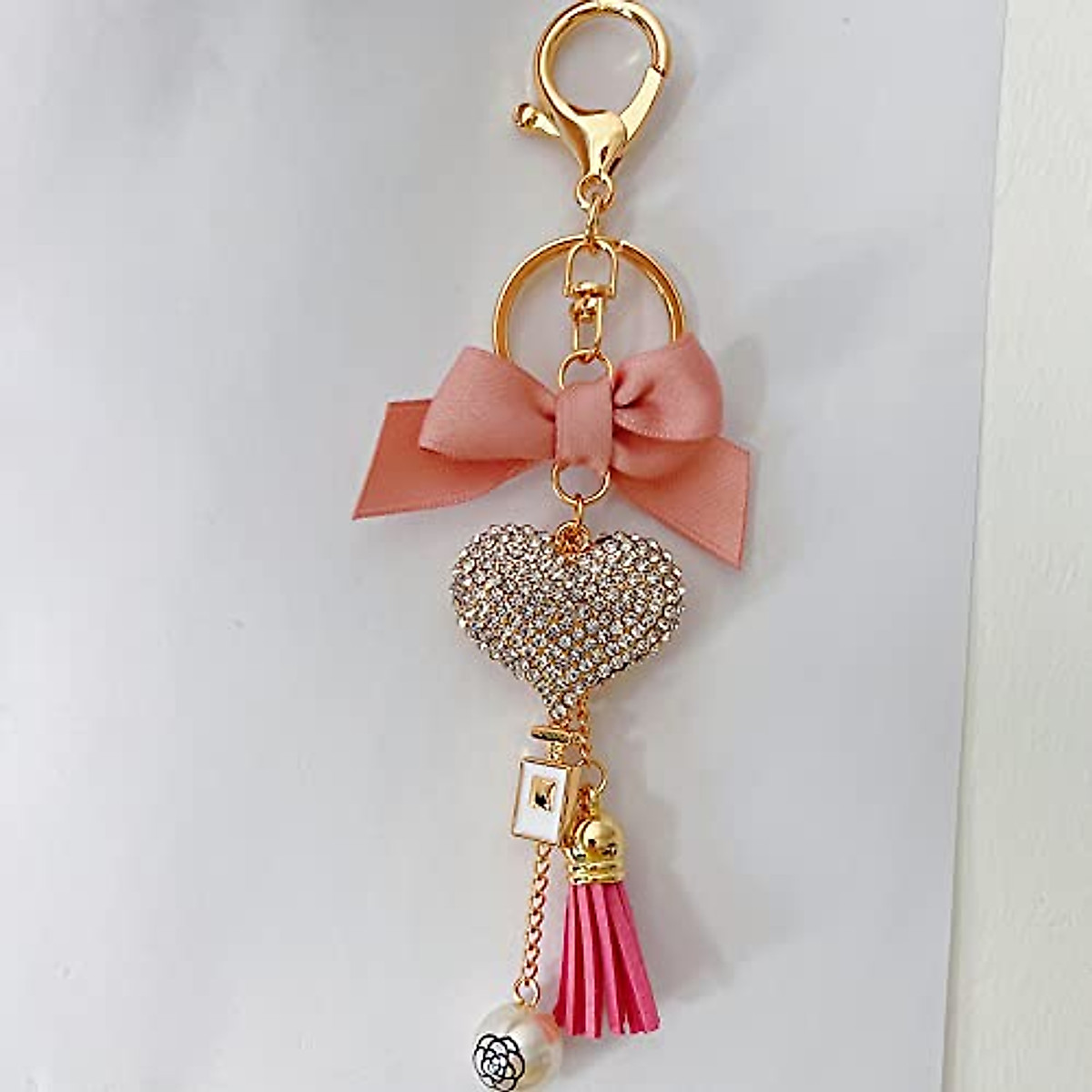 SWJEWEL Rhinestone Heart Keychain for Women Pink Bowknot Tassel Cute Car Key Ring Accessories Girl Bag Charms Handbag Purse Backpack Pendant Charms (Pink)