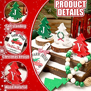 Christmas Tiered Tray Decor Christmas Book Stack Wooden Truck Tree Decor Farm Fresh Christmas Trees Wooden Block Sign Farmhouse Xmas Tree Gnomes Plush Beads Garland Decor Set for Home Table (Joy)