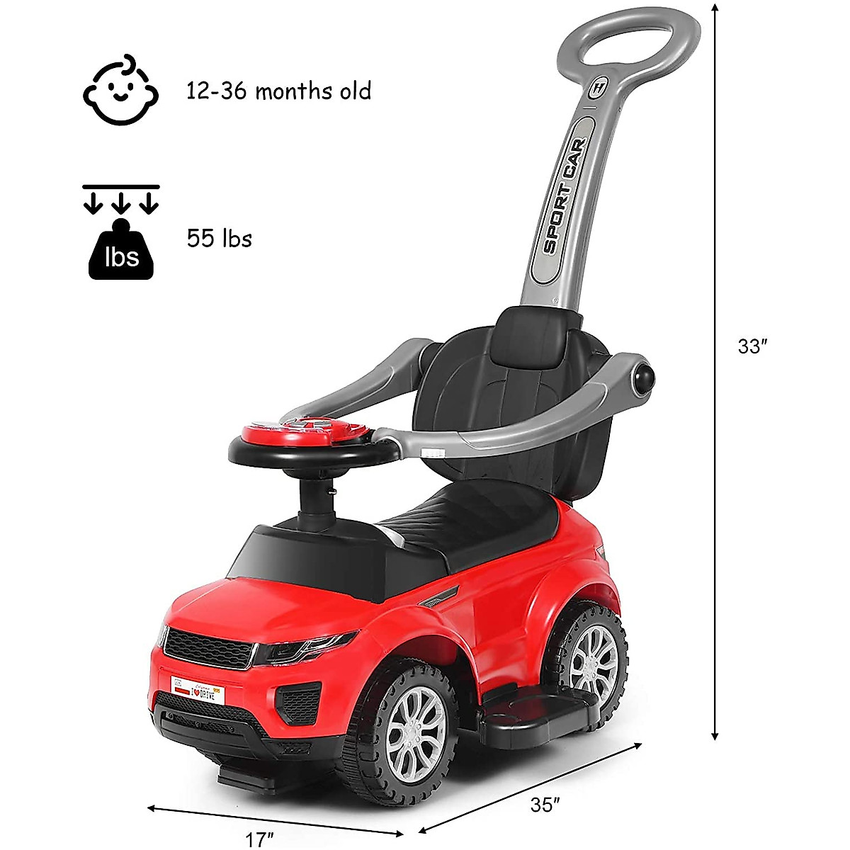 GLACER Push Cars for Toddlers 1-3, 3-in-1 Kids Sliding Car with Detachable Guardrail, Horn, Music, Lights, Storage Box and Anti-Roll Design, Ride on Push Car for Boys Girls (Red)