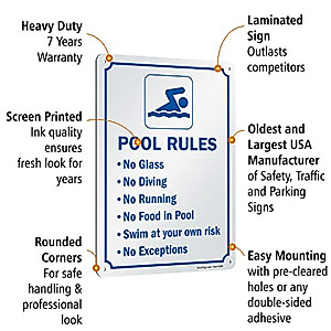 SmartSign 14 x 10 inch “Pool Rules - No Glass, No Diving, No Running…” Metal Sign, Screen Printed, 40 mil Laminated Rustproof Aluminum, Blue and White