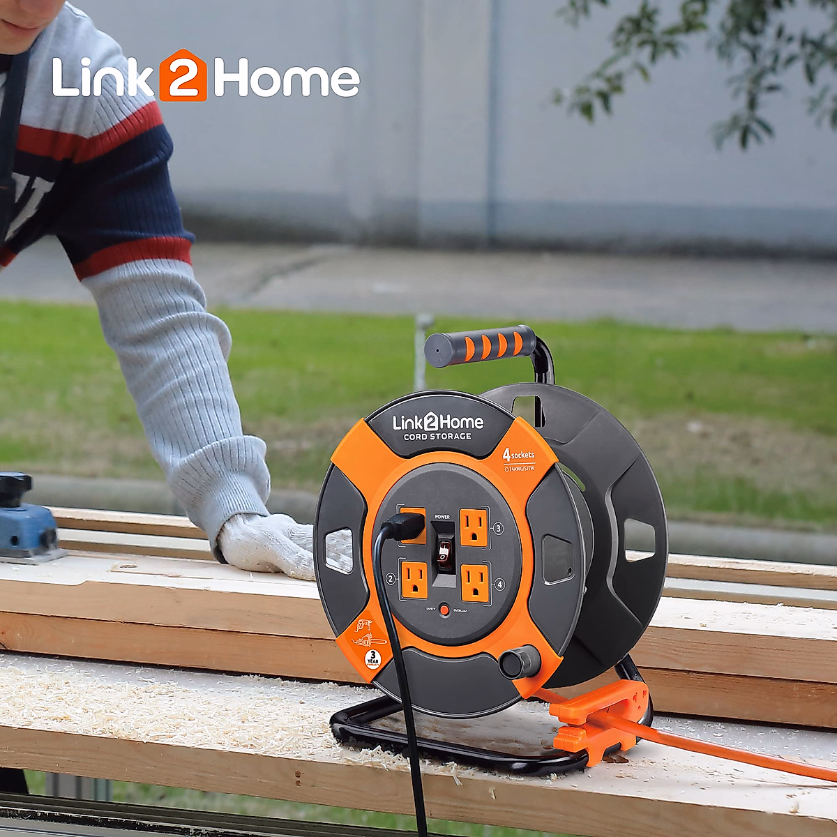 Link2Home Cord Storage 3 ft. Extension Cord 4 Power Outlets – 14 AWG SJTW Cable