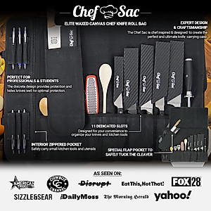 Chef Sac Elite Chef Knife Roll | 16oz Ultra Waxed Canvas Knife Case | 12+ Slots for Knives & Kitchen Tools | w/Carrying Strap | Knife Organizer for Pro Chefs | Tools Not Included, Bag Only