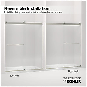 KOHLER sliding bath door, 62"H x 56-5/8 – 59-5/8"W, with 5/16" thick Crystal Clear glass