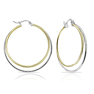 Sterling Silver Two-Tone Double Row Large 48mm Round Hoop Earrings