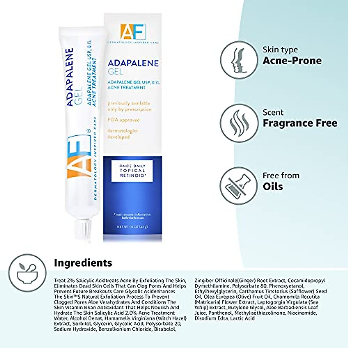 Acne Free Adapalene Gel 0.1%, Once-Daily Topical Retinoid Acne Treatment, Dermatologist Developed, Unclogs Pores and Clears Acne, Prevents and Improve Whiteheads and Blackheads, 1.6 Ounce