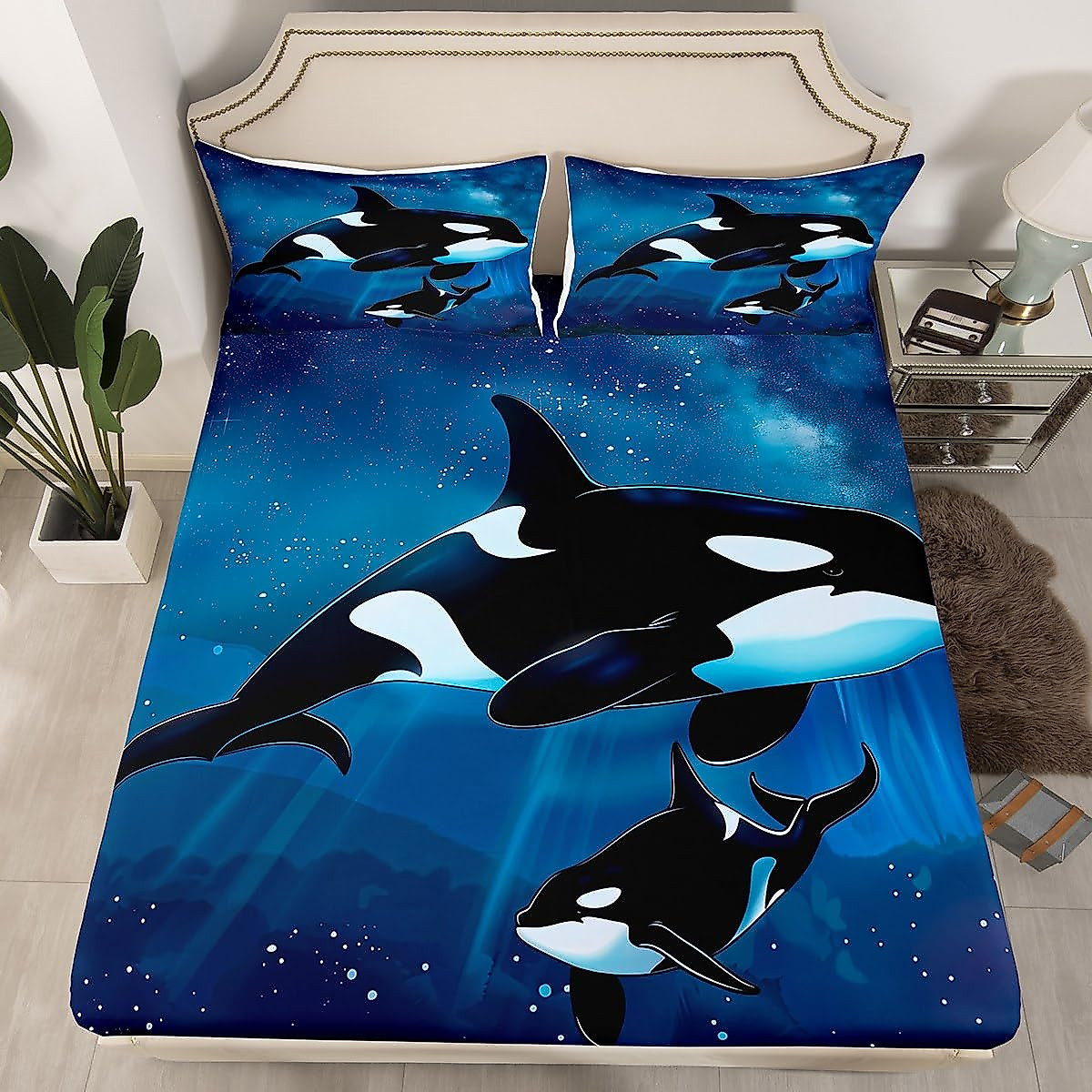 Erosebridal Killer Whale Bed Sheets for Kids Ocean Animal Full Size Sheet Sets, Psychedelic Galaxy Sheets Starry Sky Bedding Sheets & Pillowcases, Black and White Fish Flat Sheet Navy Sea Theme Decor