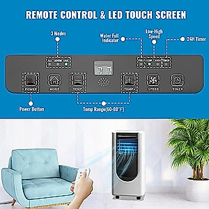 Portable Air Conditioner WANAI 8,000 BTU ASHARE Portable AC Unit, Built-in Dehumidifier & Fan Mode, Remote Control and Window Installation Kit Included, LED Display, for Home Office Garage Business