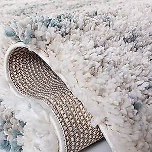 SAFAVIEH Fontana Shag Collection 6'7" x 9' Ivory / Teal FNT873A Modern Non-Shedding Living Room Bedroom Dining Room Entryway Plush 2-inch Thick Area Rug