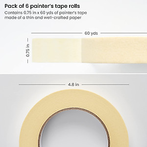 Arteza Masking Tape, 6 Rolls, 0.75 Inches x 60 Yards, Multi-Surface Easy-to-Rip Paper Tape, Art Supplies for Painting Walls, Glass, or Creating Geometric Sidewalk Chalk Art