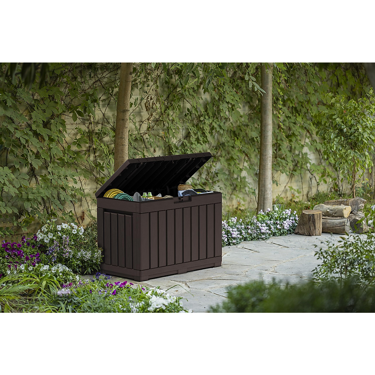 Keter Kentwood 50 Gallon Resin Deck Box-Organization and Storage for Patio Cushions, Throw Pillows and Garden Tools, Brown