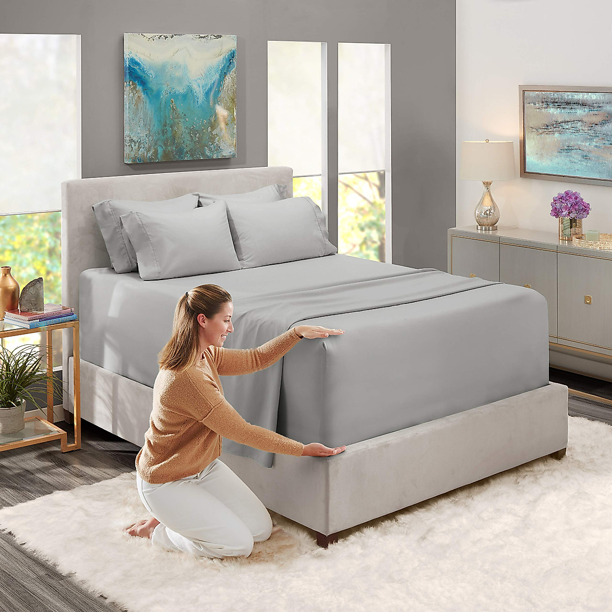 Hearth & Harbor Extra Deep Pocket Queen Sheets Sets - Fits Mattress 18-24 Inches - 6 Piece Queen Size Sheets - Silver Sheets